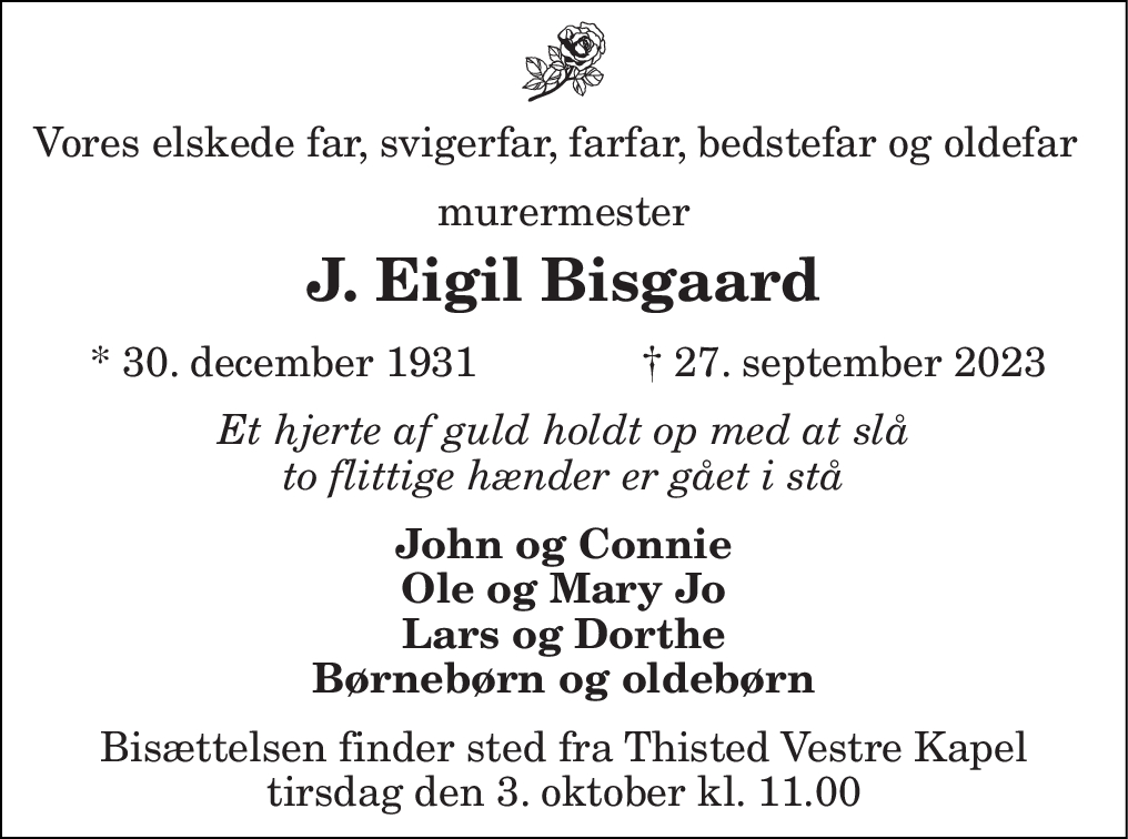Dødsannonce for Jens Eigil Bisgaard | Nordjyske.dk