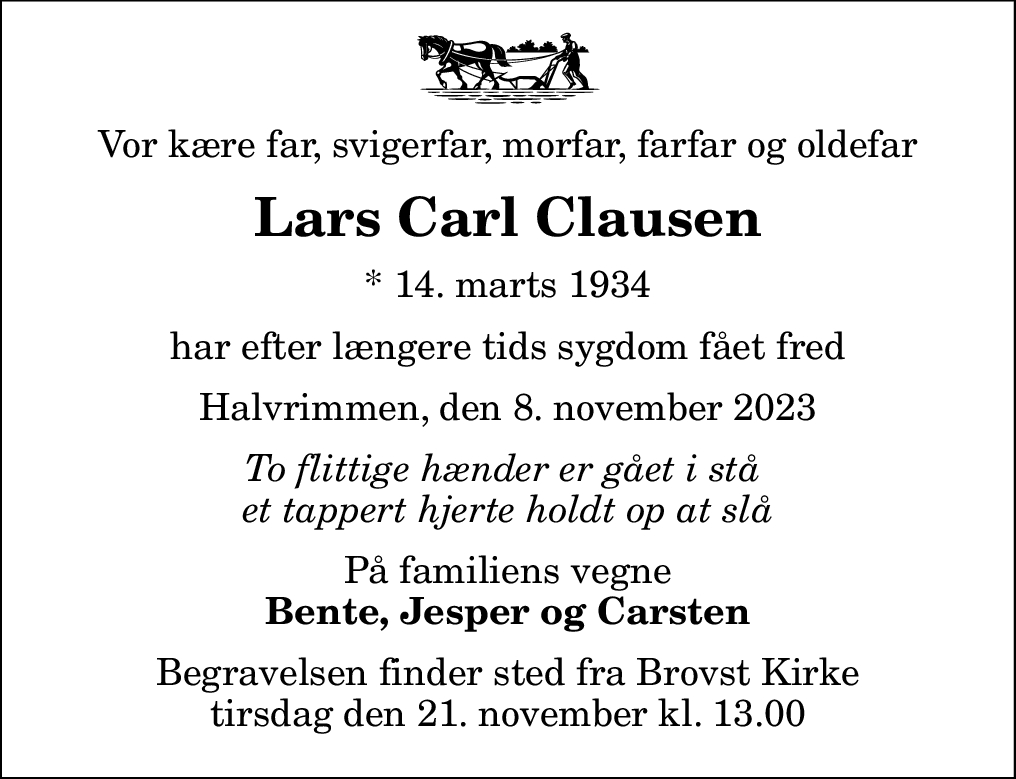 Dødsannonce for Lars Carl Clausen | Nordjyske.dk