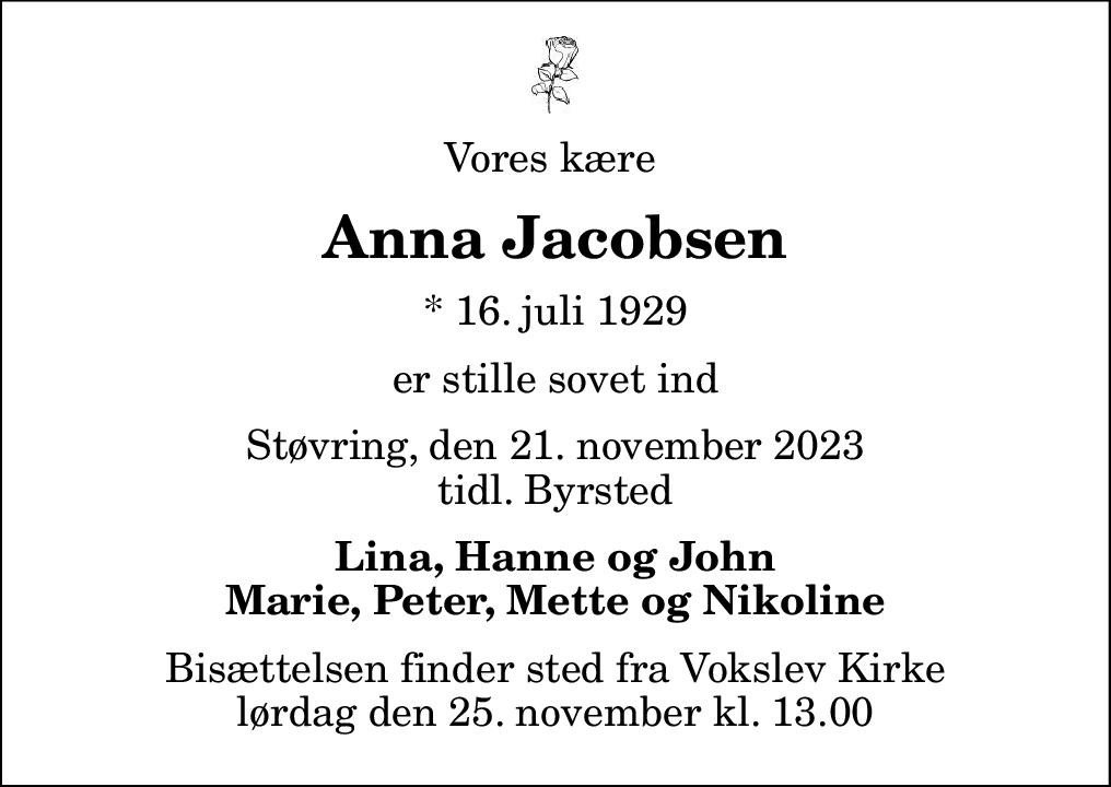 Dødsannonce for Anna Jacobsen | Nordjyske.dk