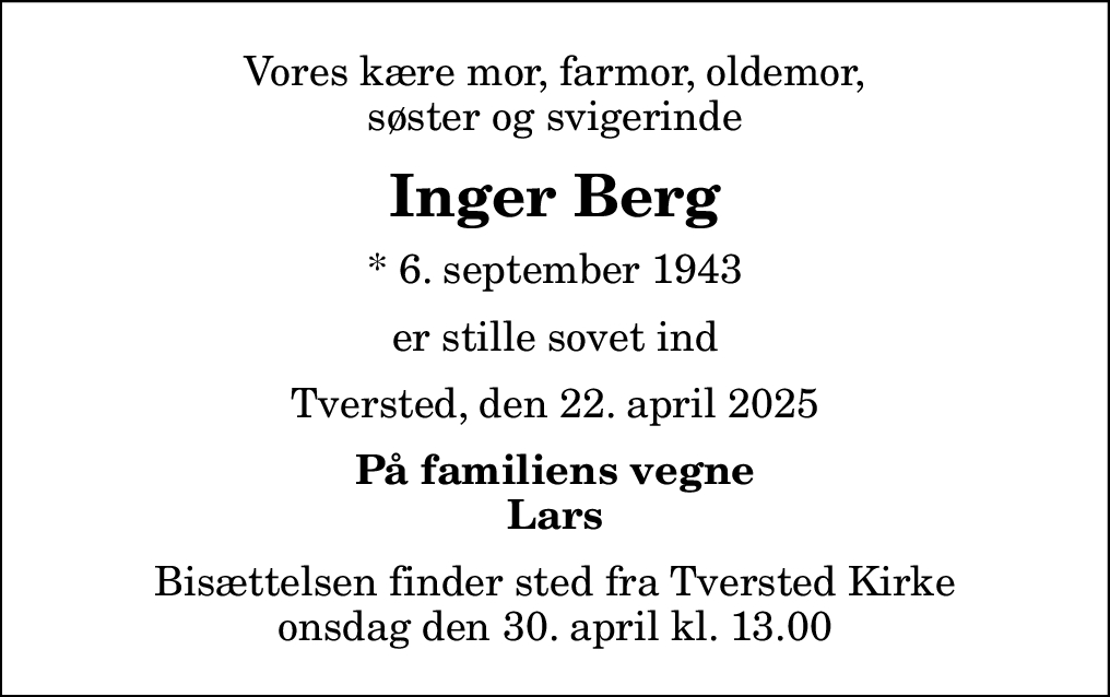 Dødsannonce for Inger Berg | Nordjyske.dk