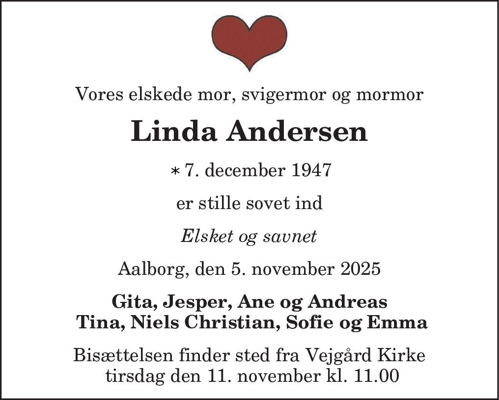 Dødsannonce for Linda Andersen | Nordjyske.dk