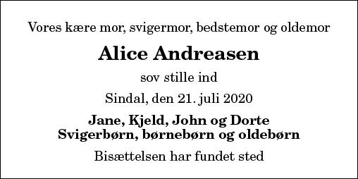 Dødsannonce for Alice Andreasen | Nordjyske.dk