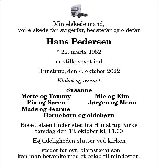 Dødsannonce for Hans Pedersen | Nordjyske.dk
