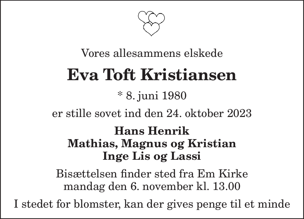 Dødsannonce for Eva Toft Kristiansen | Nordjyske.dk