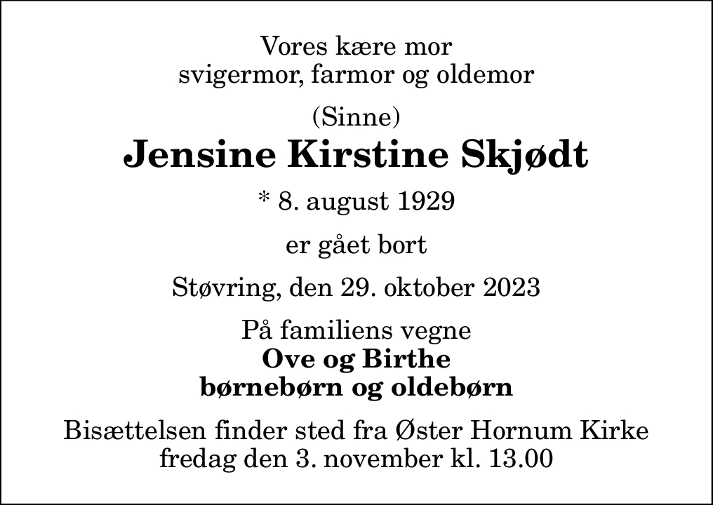 Dødsannonce for Jensine Kirstine Skjødt | Nordjyske.dk