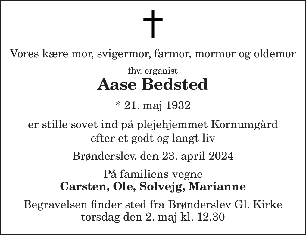 Dødsannonce for Aase Bedsted | Nordjyske.dk