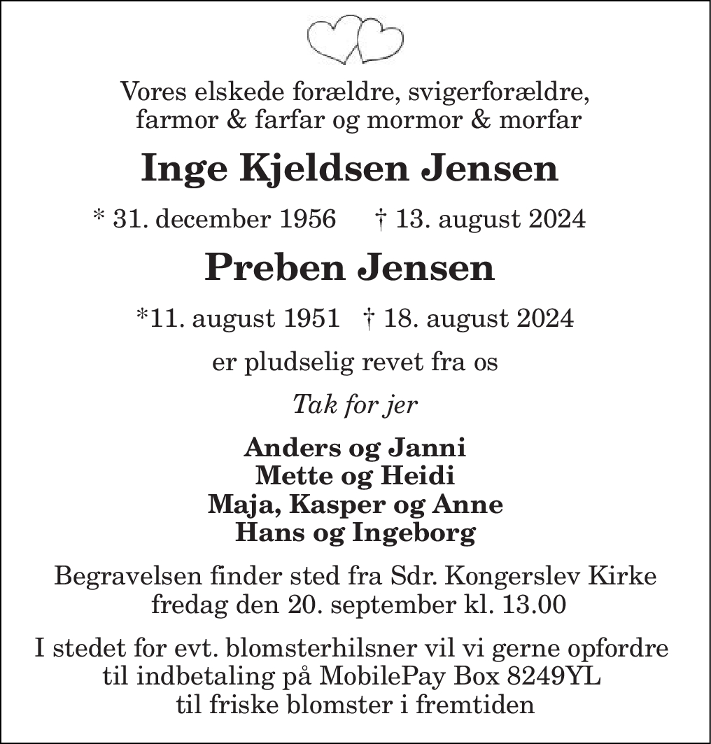 Dødsannonce for Inge Kjeldsen Jensen og Preben Jensen | Nordjyske.dk