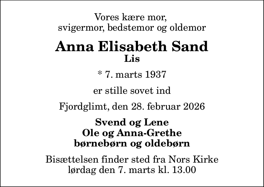 Dødsannonce for Anna Elisabeth Sand | Nordjyske.dk