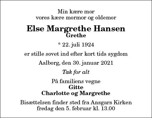 Dødsannonce for Else Margrethe Hansen | Nordjyske.dk