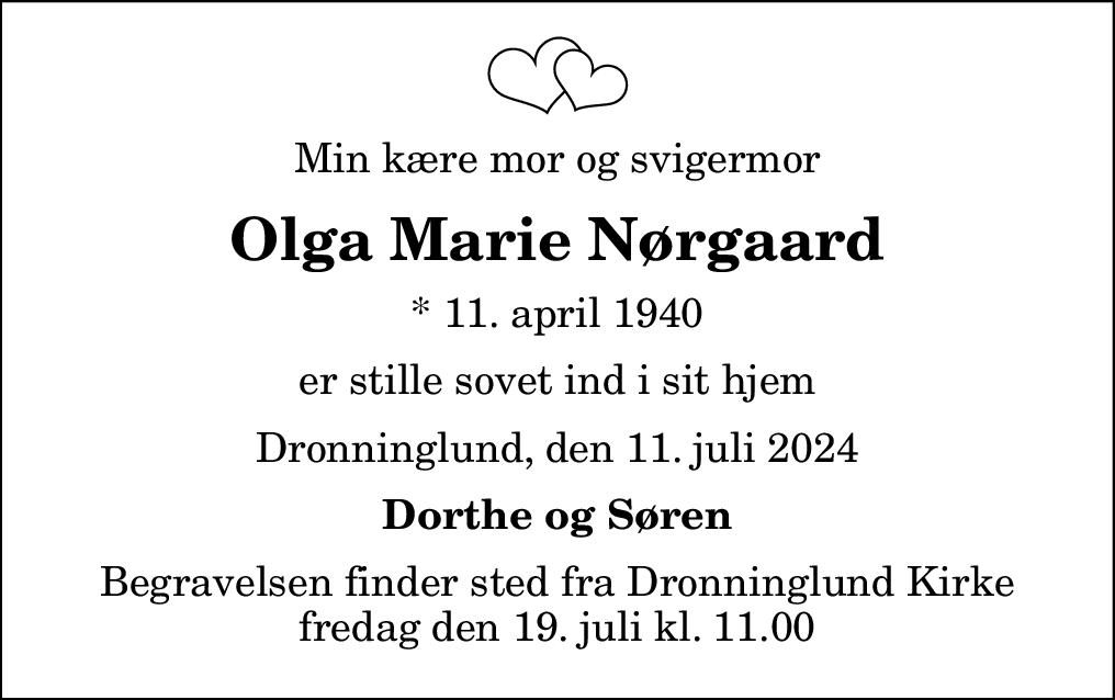 Dødsannonce for Olga Marie Nørgaard | Nordjyske.dk