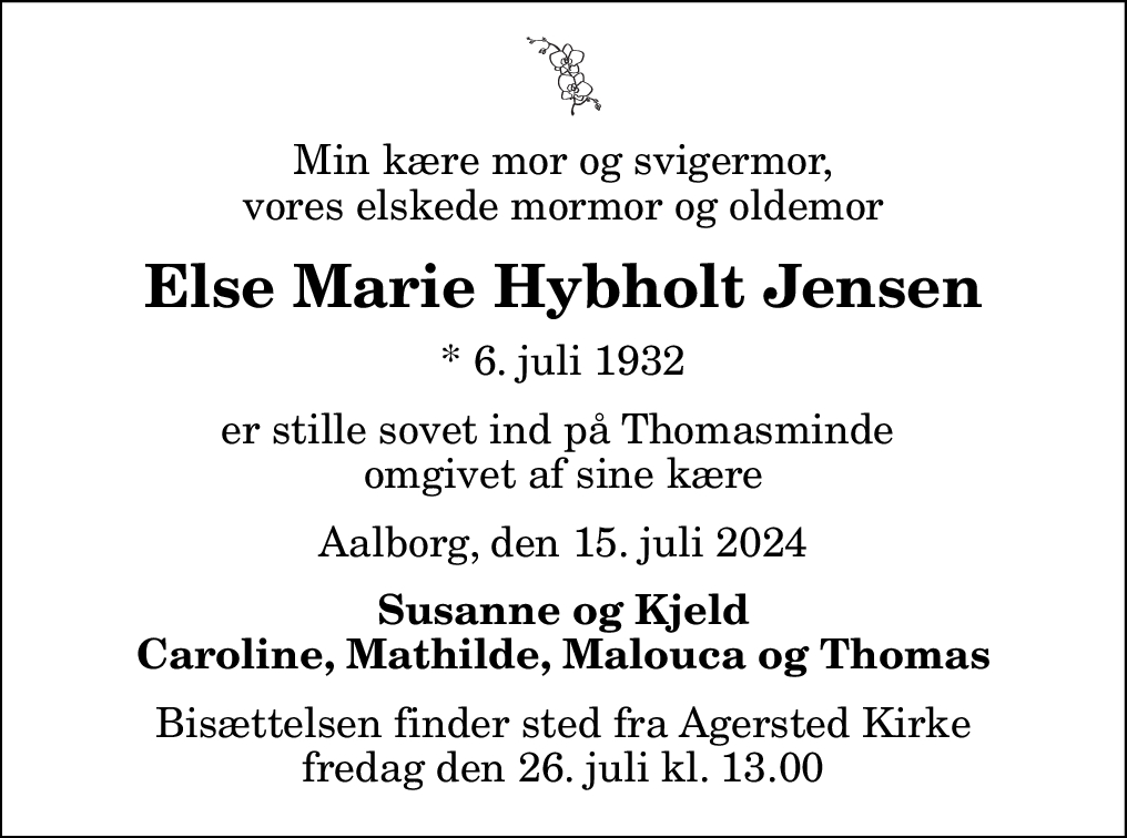 Dødsannonce for Else Marie Hybholt Jensen | Nordjyske.dk