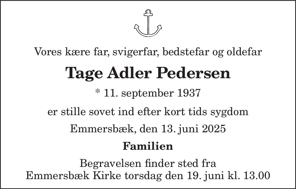 Dødsannonce for Tage Adler Pedersen | Nordjyske.dk