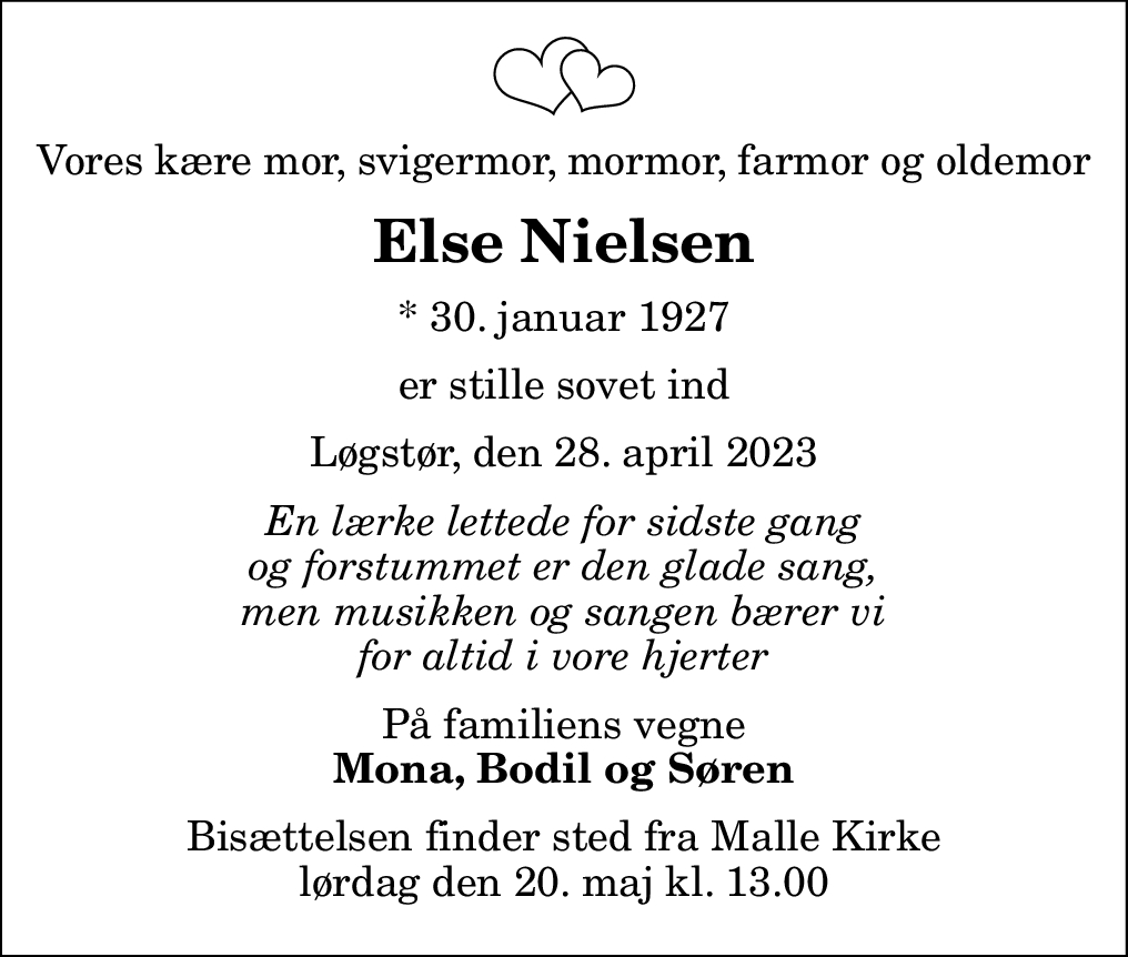 Dødsannonce for Else Nielsen | Nordjyske.dk