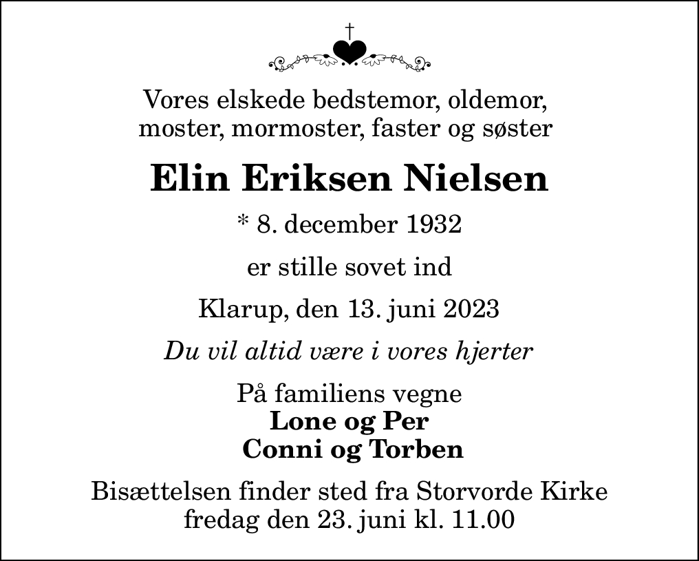 Dødsannonce for Elin Eriksen Nielsen | Nordjyske.dk