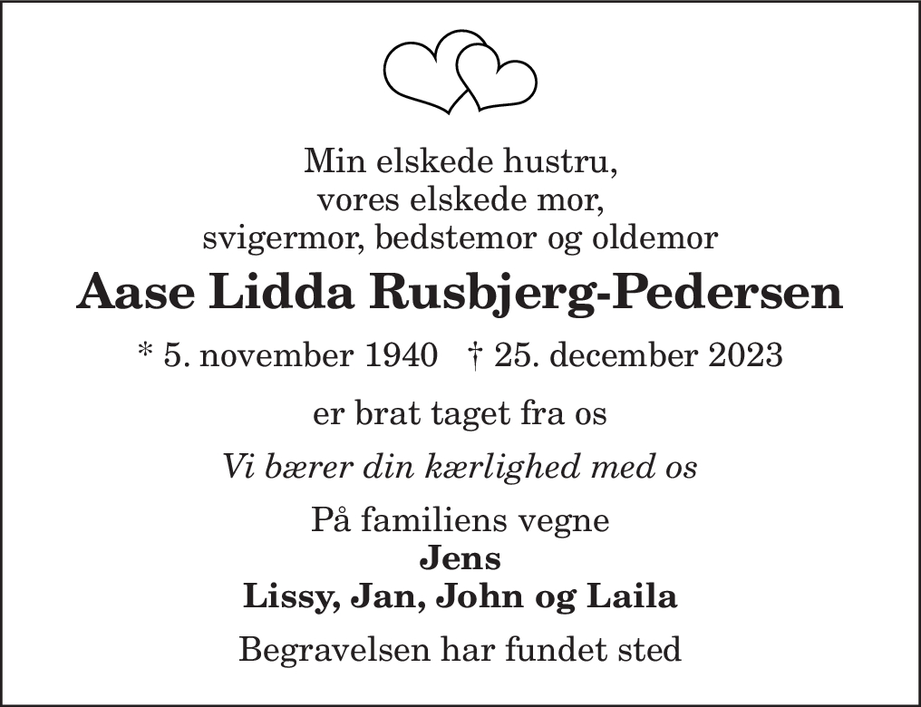 Dødsannonce for Aase Lidda Rusbjerg-Pedersen | Nordjyske.dk