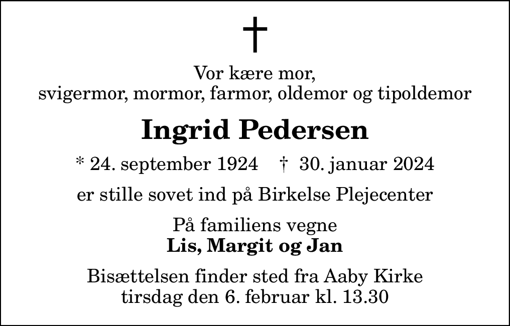 Dødsannonce for Ingrid Pedersen | Nordjyske.dk