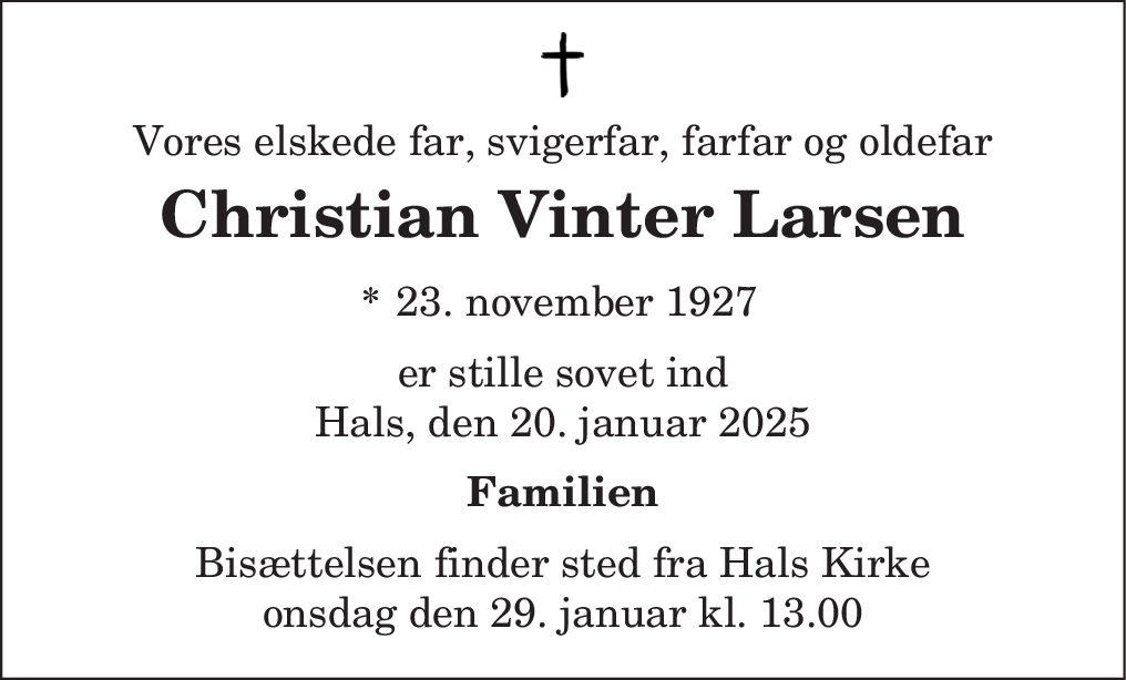 Dødsannonce for Christian Vinter Larsen | Nordjyske.dk