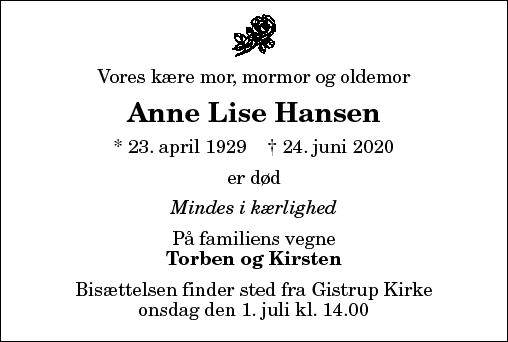Dødsannonce for Anne Lise Hansen | Nordjyske.dk
