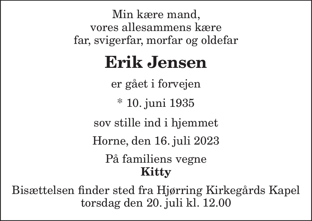 Dødsannonce for Erik Jensen | Nordjyske.dk