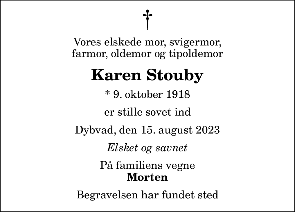 Dødsannonce for Karen Stouby | Nordjyske.dk