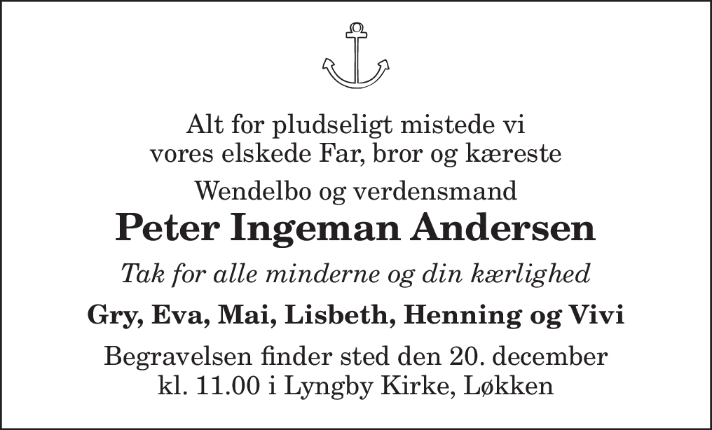 Dødsannonce for Peter Ingeman Andersen | Nordjyske.dk