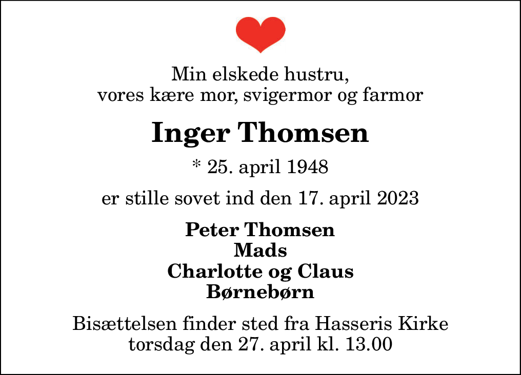 Dødsannonce for Inger Thomsen | Nordjyske.dk