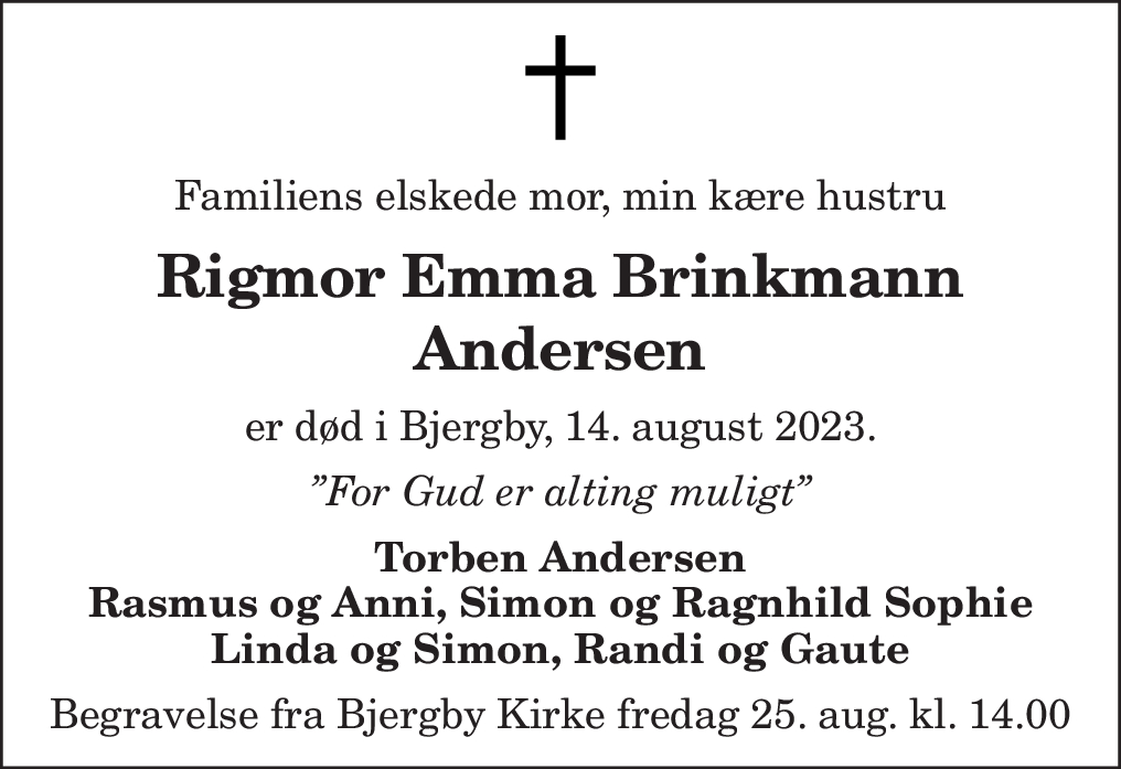Dødsannonce for Rigmor Emma Brinkmann Andersen | Nordjyske.dk