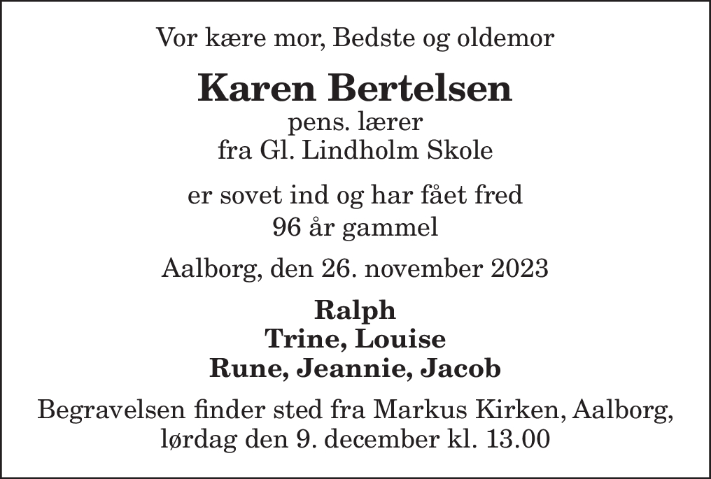 Dødsannonce for Karen Bertelsen | Nordjyske.dk
