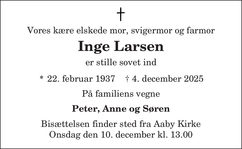 Dødsannonce for Inge Larsen | Nordjyske.dk