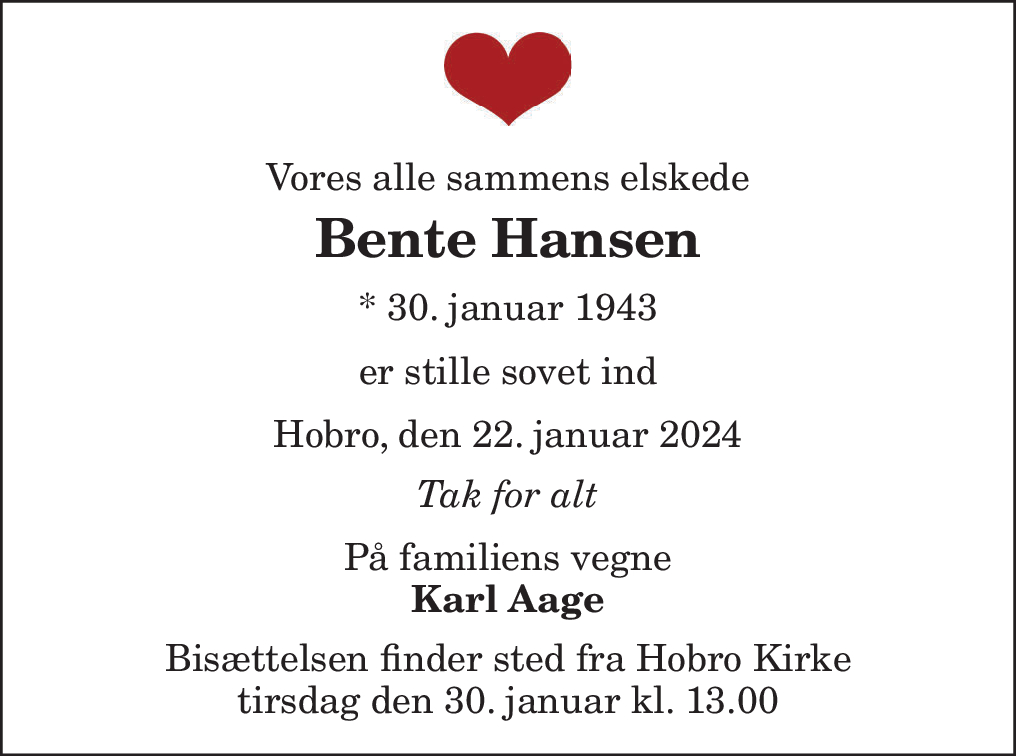 Dødsannonce for Bente Hansen | Nordjyske.dk