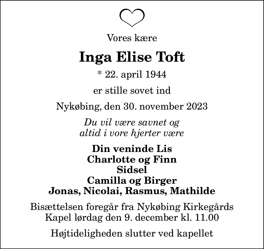 Dødsannonce for Inga Elise Toft | Nordjyske.dk