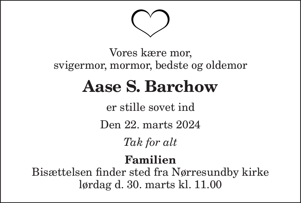 Dødsannonce for Aase Barchow | Nordjyske.dk