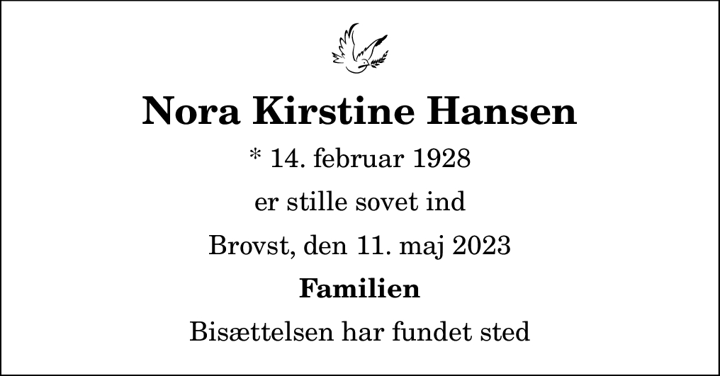 Dødsannonce for Nora Kirstine Hansen | Nordjyske.dk