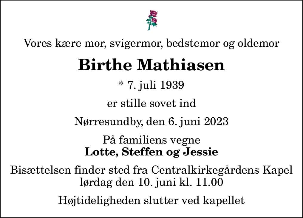 Dødsannonce for Birthe Mathiasen | Nordjyske.dk