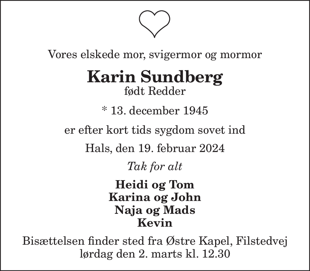 Dødsannonce for Karin Redder Sundberg | Nordjyske.dk