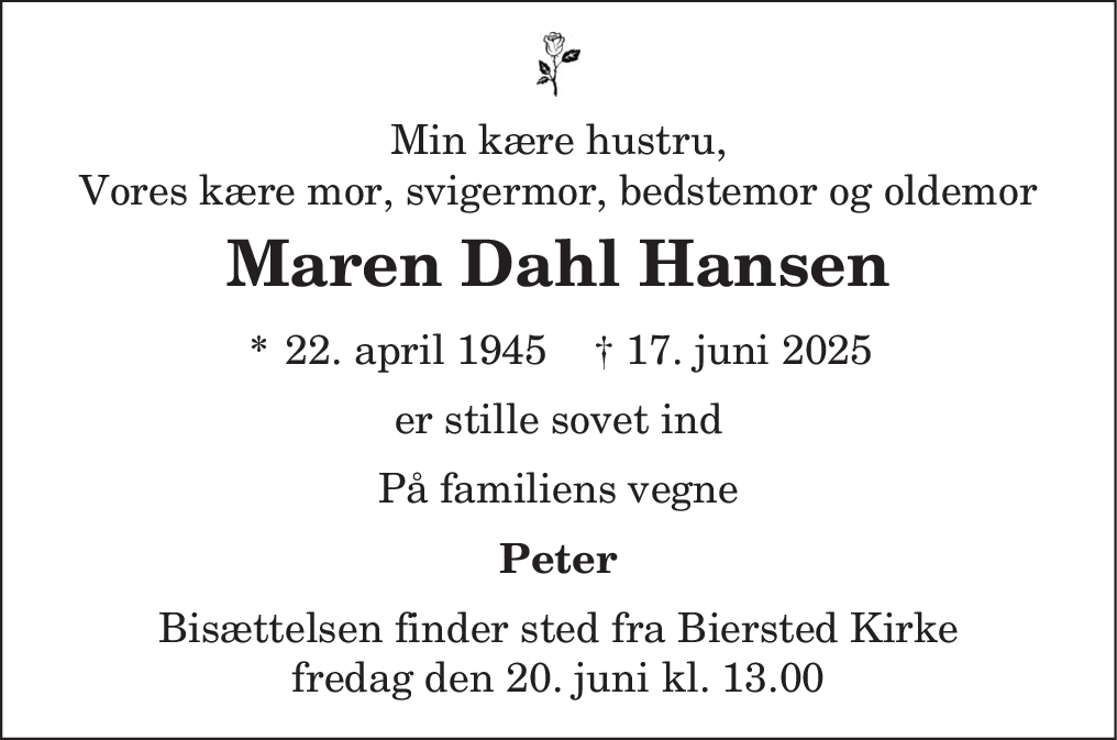 Dødsannonce for Maren Dahl Hansen | Nordjyske.dk