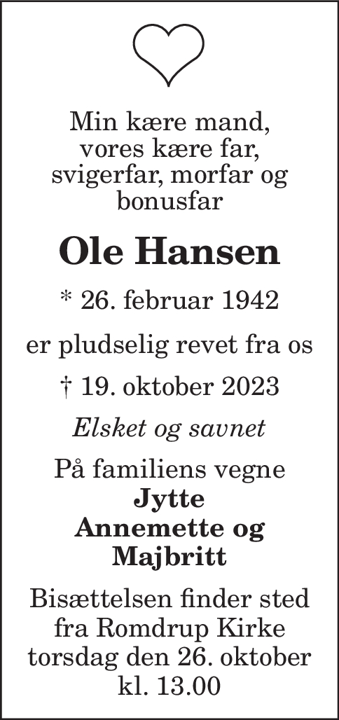 Dødsannonce for Ole Hansen | Nordjyske.dk