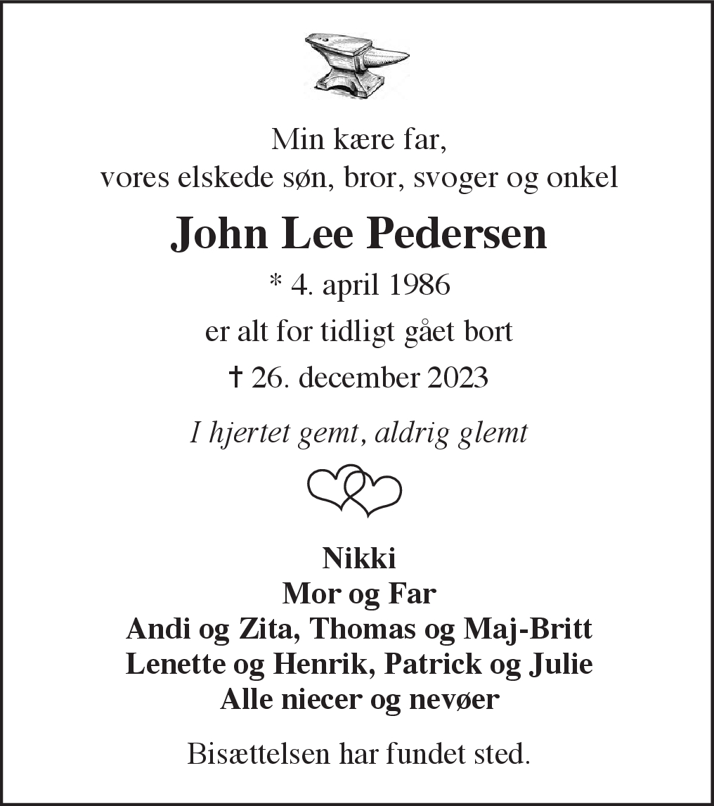 Dødsannonce for John Lee Pedersen | Nordjyske.dk