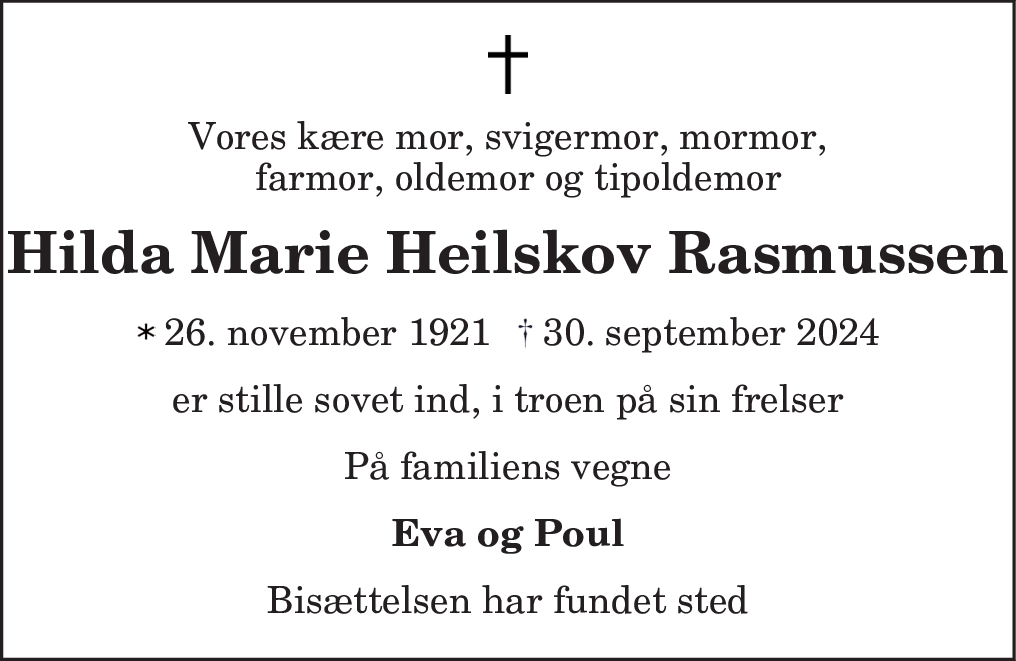 Dødsannonce for Hilda Marie Heilskov Rasmussen | Nordjyske.dk