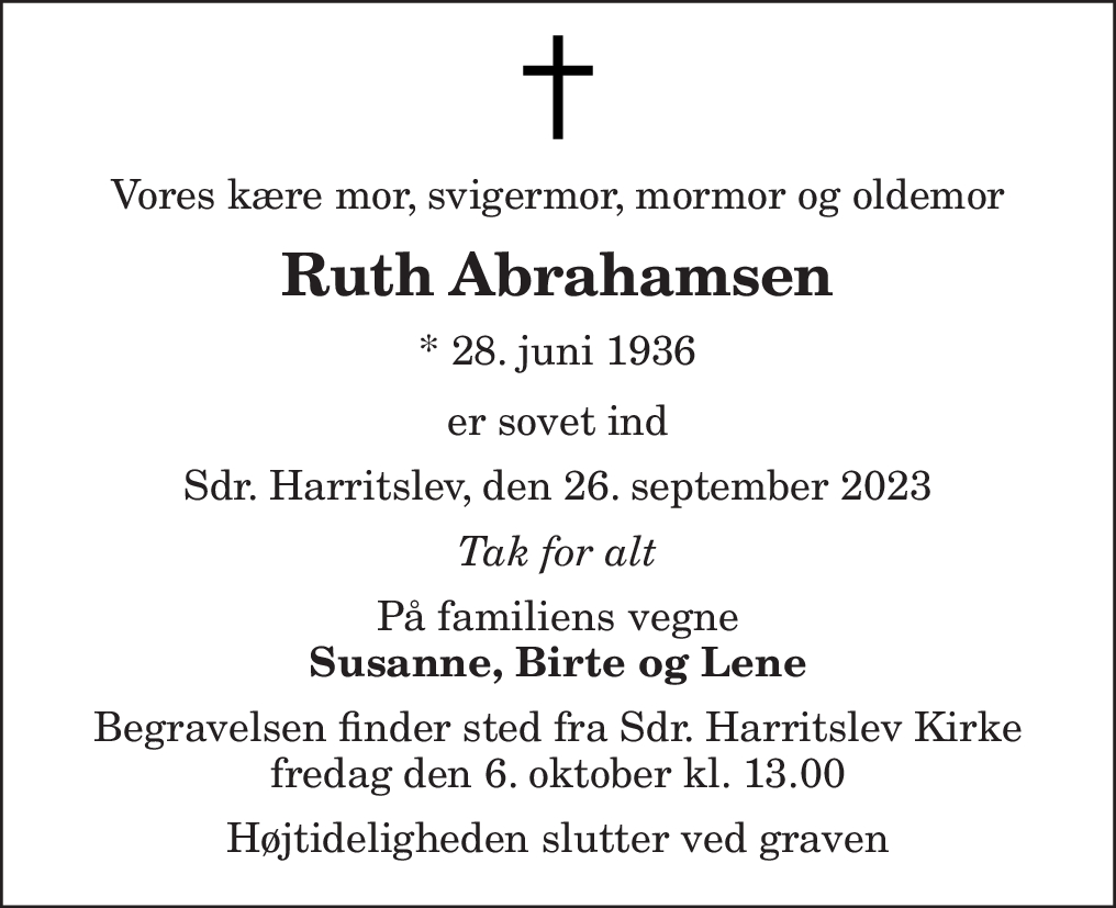 Dødsannonce for Ruth Abrahamsen | Nordjyske.dk