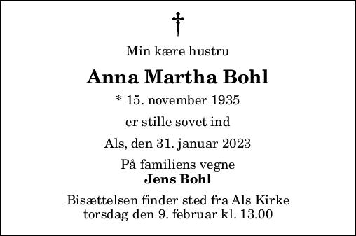 Dødsannonce for Anna Martha Bohl | Nordjyske.dk