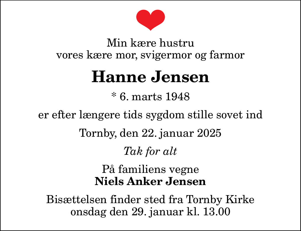Dødsannonce for Hanne Jensen | Nordjyske.dk