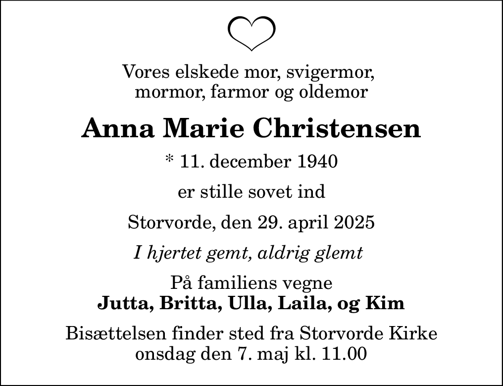 Dødsannonce for Anna Marie Christensen | Nordjyske.dk