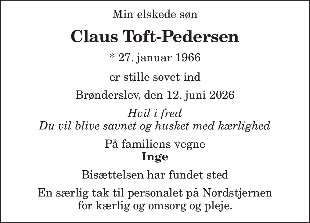 Dødsannonce for Claus Toft-Pedersen | Nordjyske.dk