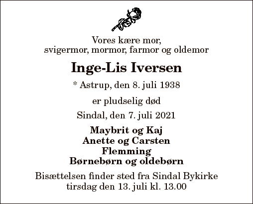 Dødsannonce for Inge-Lis Iversen | Nordjyske.dk