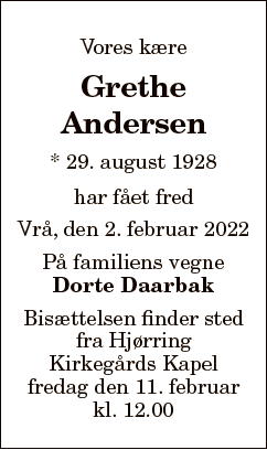 Dødsannonce for Grethe Andersen | Nordjyske.dk