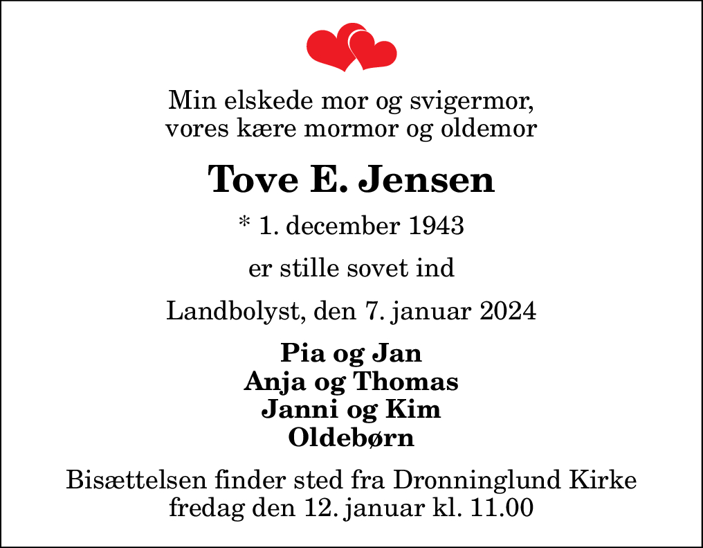 Dødsannonce for Tove Elisabeth Jensen | Nordjyske.dk Dødsannonce for Tove Elisabeth Jensen | Nordjyske.dk