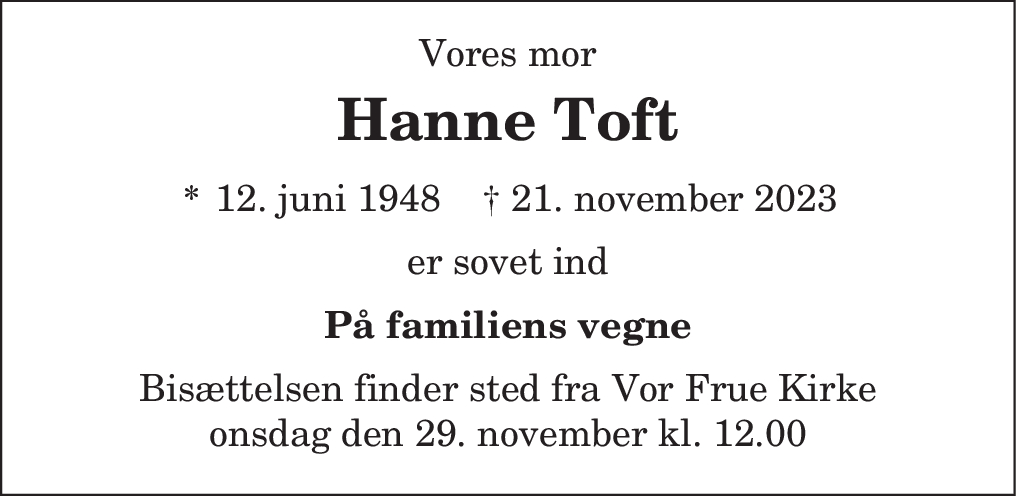 Dødsannonce for Hanne Toft | Nordjyske.dk