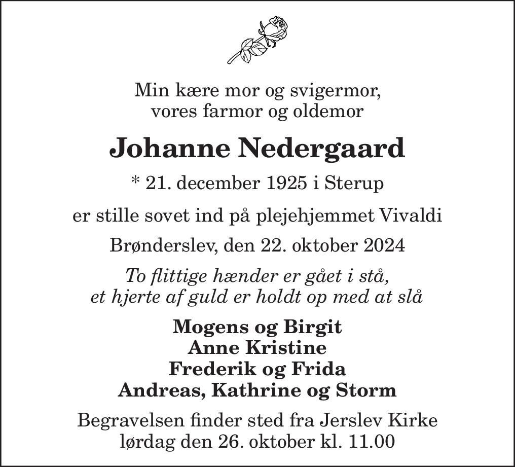 Dødsannonce for Johanne Nedergaard | Nordjyske.dk