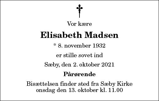 Dødsannonce for Elisabeth Madsen | Nordjyske.dk